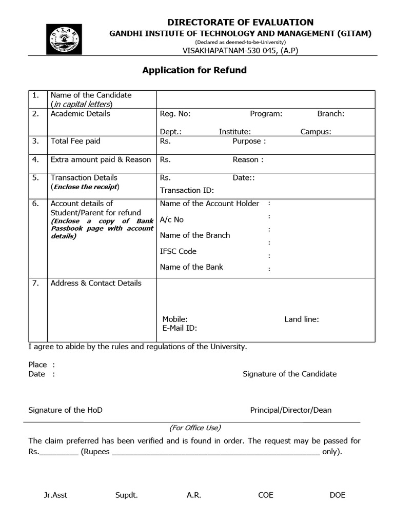 GITAM Refund Application Form 2025 | PDF | Career & Growth | Finance ...