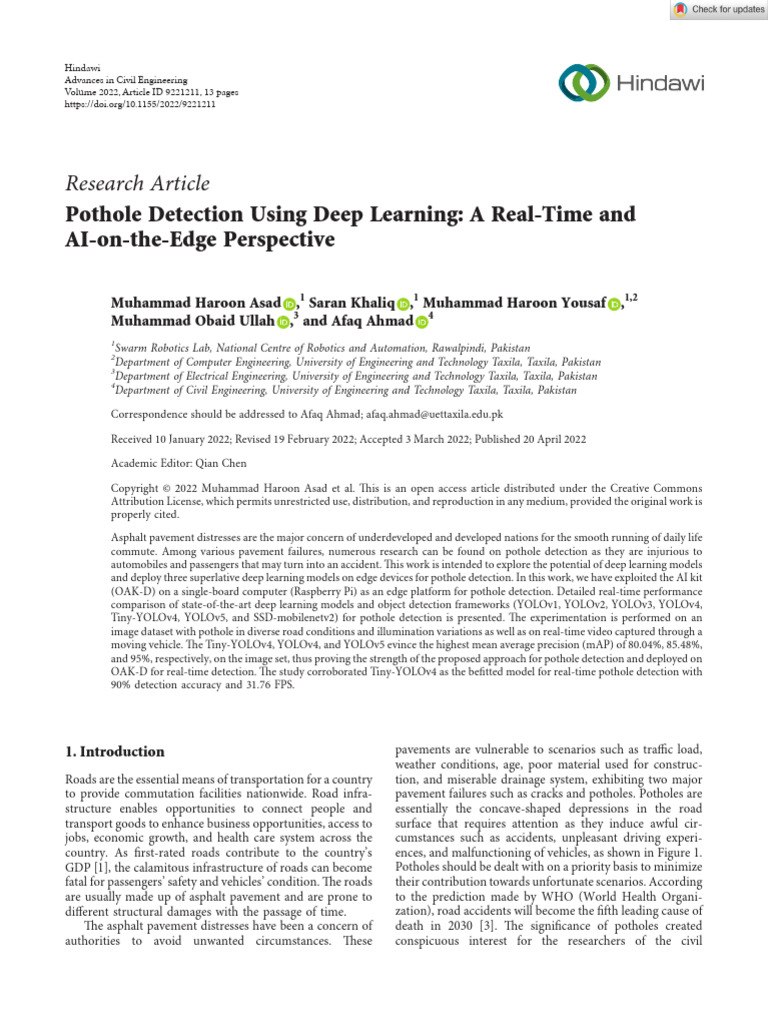 Advances in Civil Engineering - 2022 - Asad - Pothole Detection Using ...