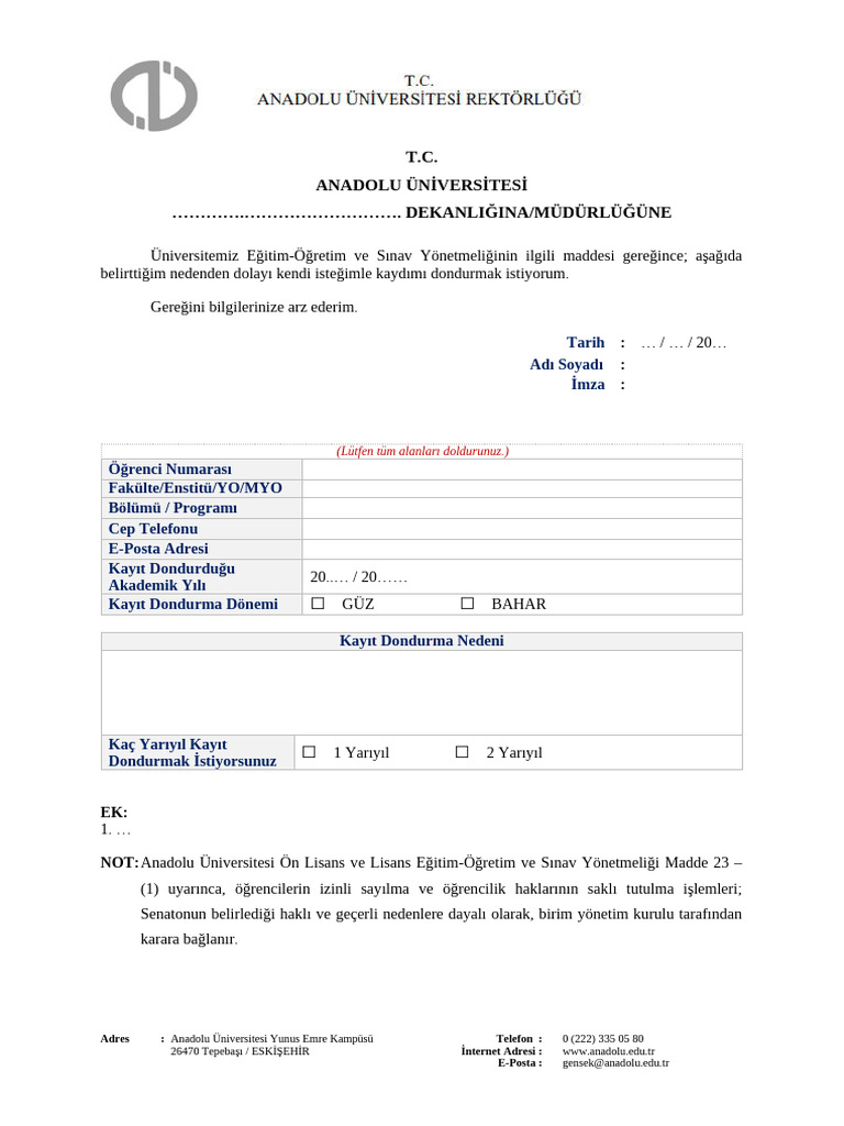 Kayit Dondurma Dilekcesi | PDF