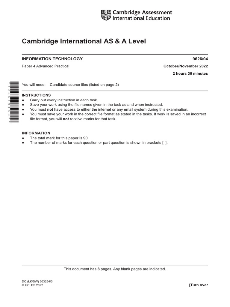 Cambridge International AS & A Level: Information Technology 9626/04 | PDF