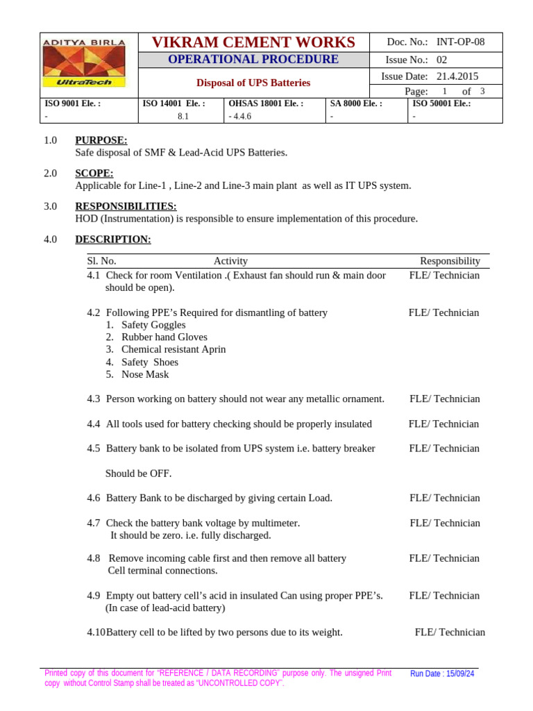 INT-OP-08 (02) Disposal of UPS Battery | PDF