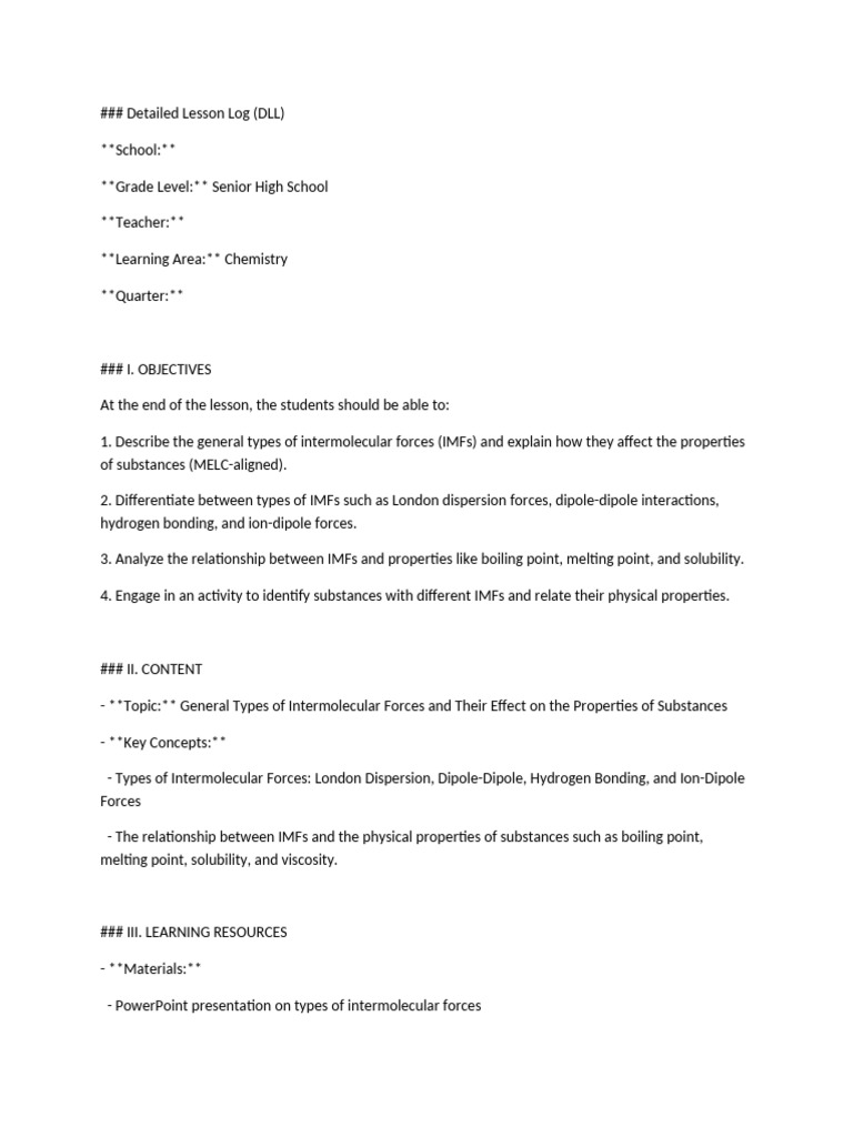 Detailed Lesson Plan Intermolecular Forces | PDF