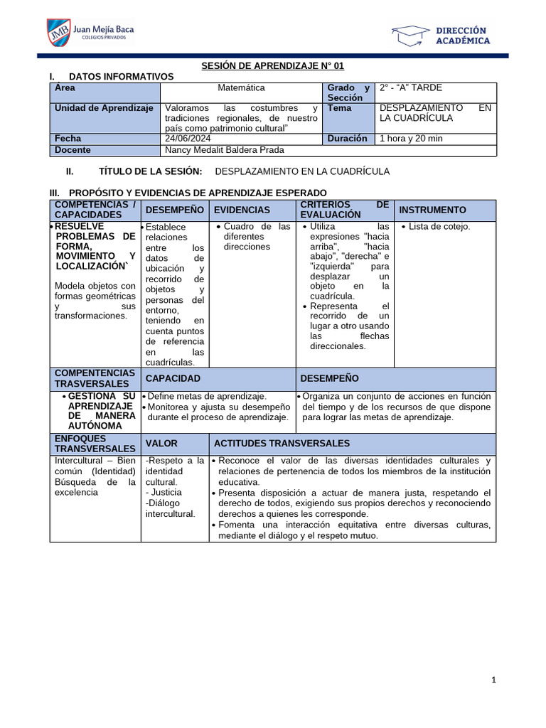 Ses 1 MAT DESPLAZAMIENTO EN LA CUADRÍCULA | PDF