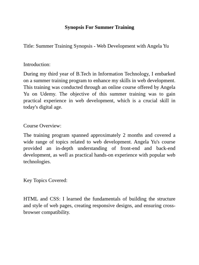 Synopsis For Summer Training | PDF