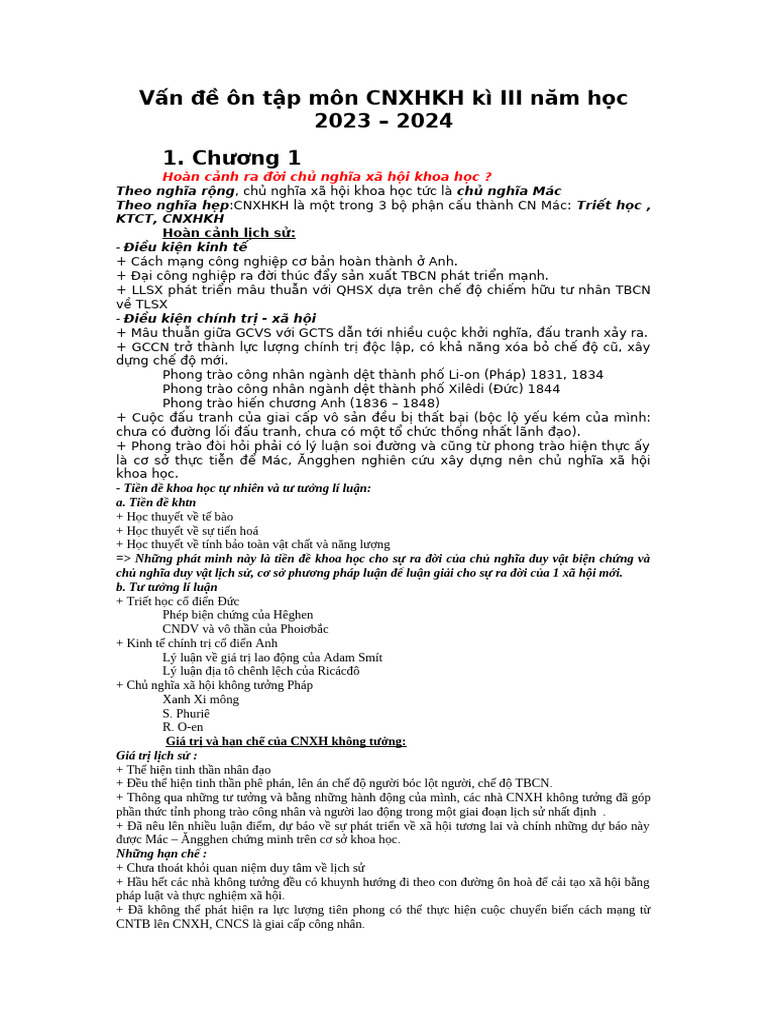 Vấn Đề Ôn Tập Môn CNXHKH Kì III Năm Học 2023 - 202 | PDF