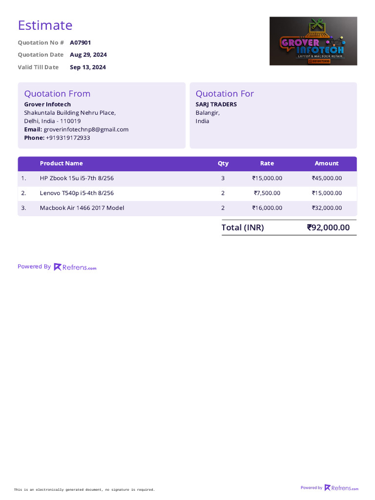 Quotation A07901 Grover Infotech Sarj Traders | PDF