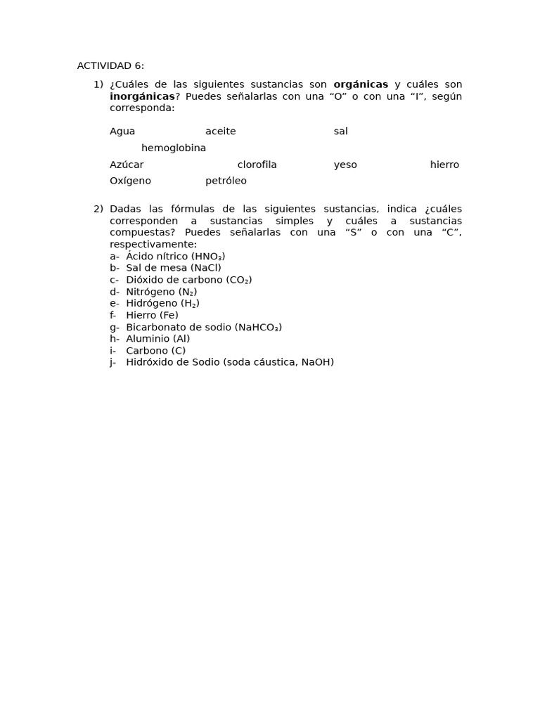 ACTIVIDAD 6 - Clasificación de Sustancias (Org-Inorg) | PDF
