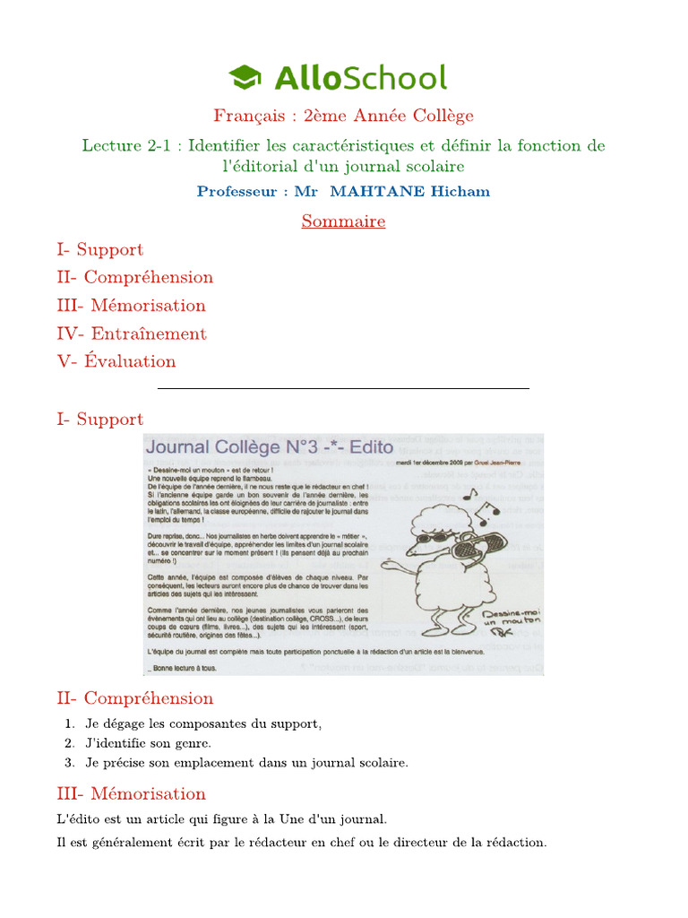 Lecture 2 1 Identifier Les Caracteristiques Et Definir La Fonction de L ...