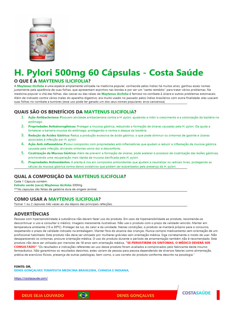 H. Pylori 500mg 60 Cápsulas - Costa Saúde | PDF