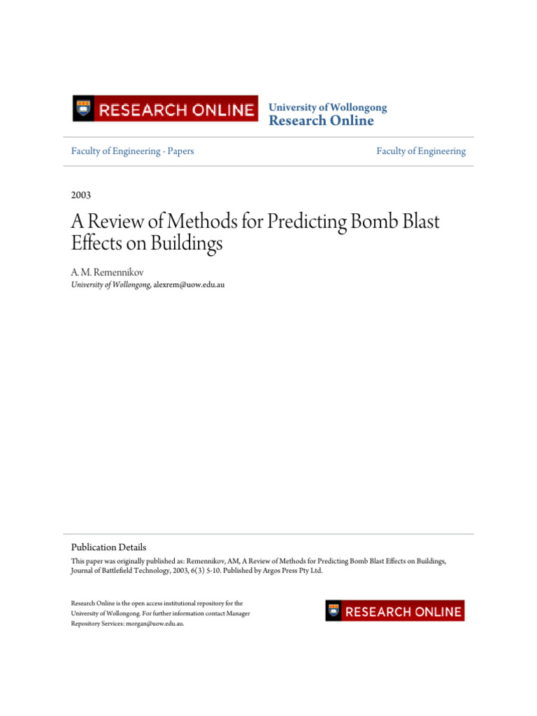 Remennikov (2003) - Review of Methods For Predicting Bomb Blast Effects On Buildings | PDF
