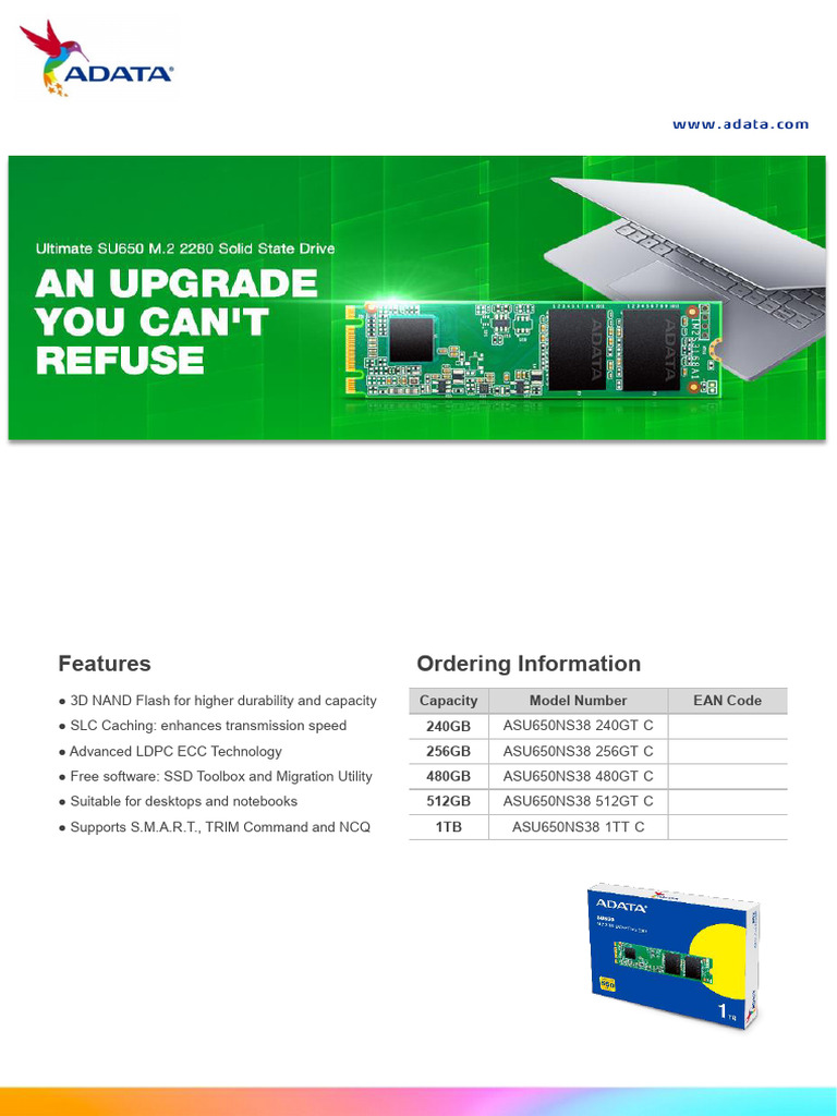 Datasheet Ultimate Su650 m2 2280 Sata SSD 20231024 | PDF