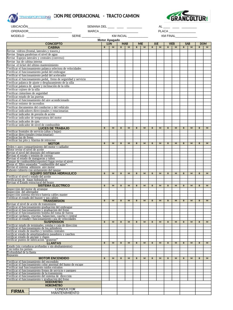 Inspeccion Pre Operacional - Tracto Camion: LUN MAR MIE JUE Vier SAB DOM | PDF