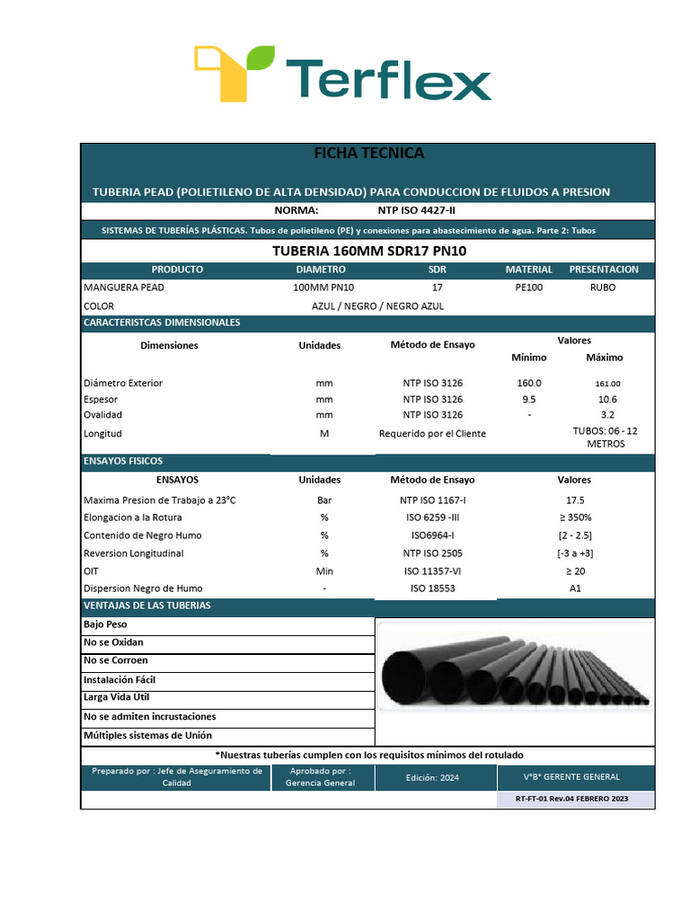 Ficha Tecnica 160mm Pn10 Pe100 | PDF