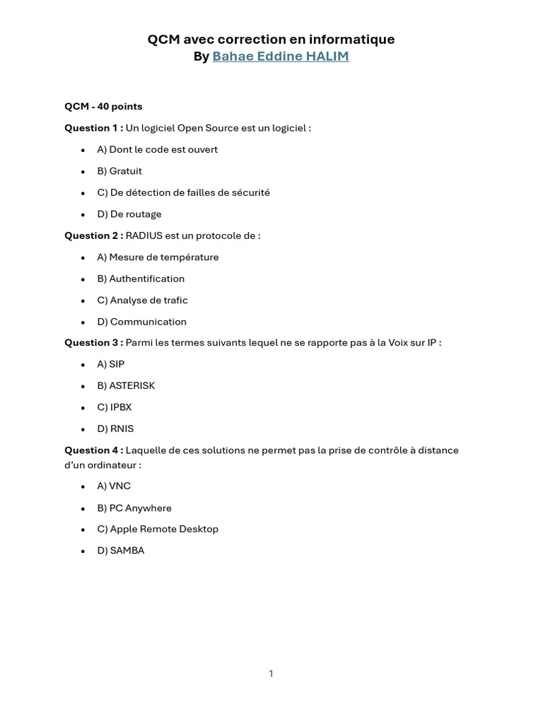 40 Questions QCM Avec Correction en Informatique by Bahae Eddine HALIM | PDF