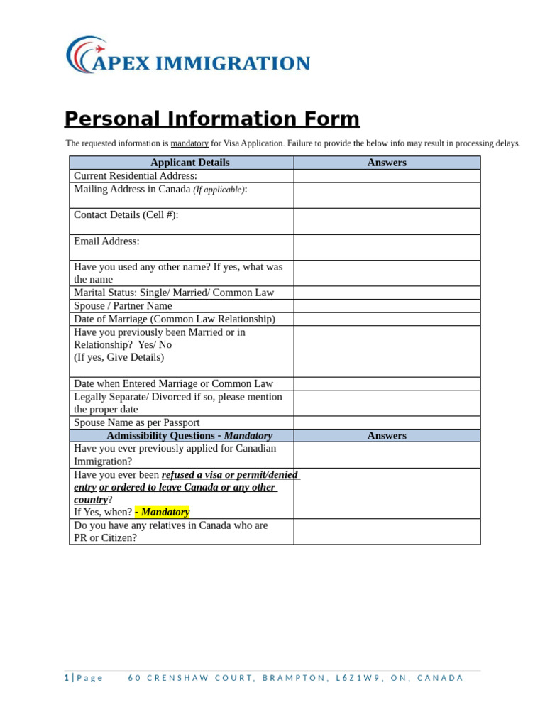 Apex Immigration Personal Info Form | PDF