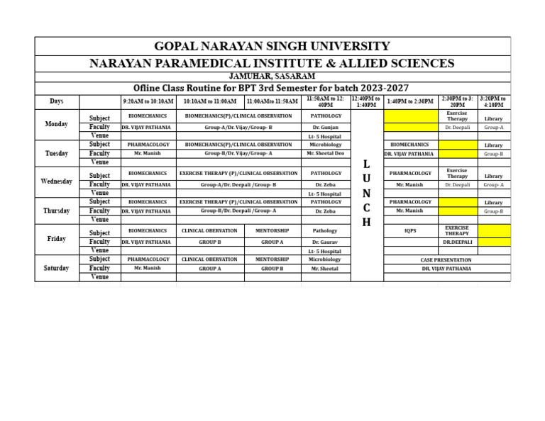 BPT 3RD SEM Time Table | PDF