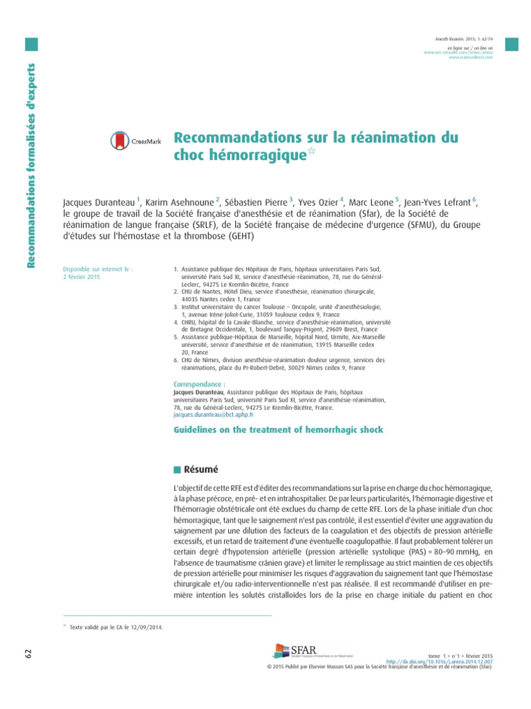2 - AFAR - Recommandations Sur La Reanimation Du Choc Hemorragique | PDF
