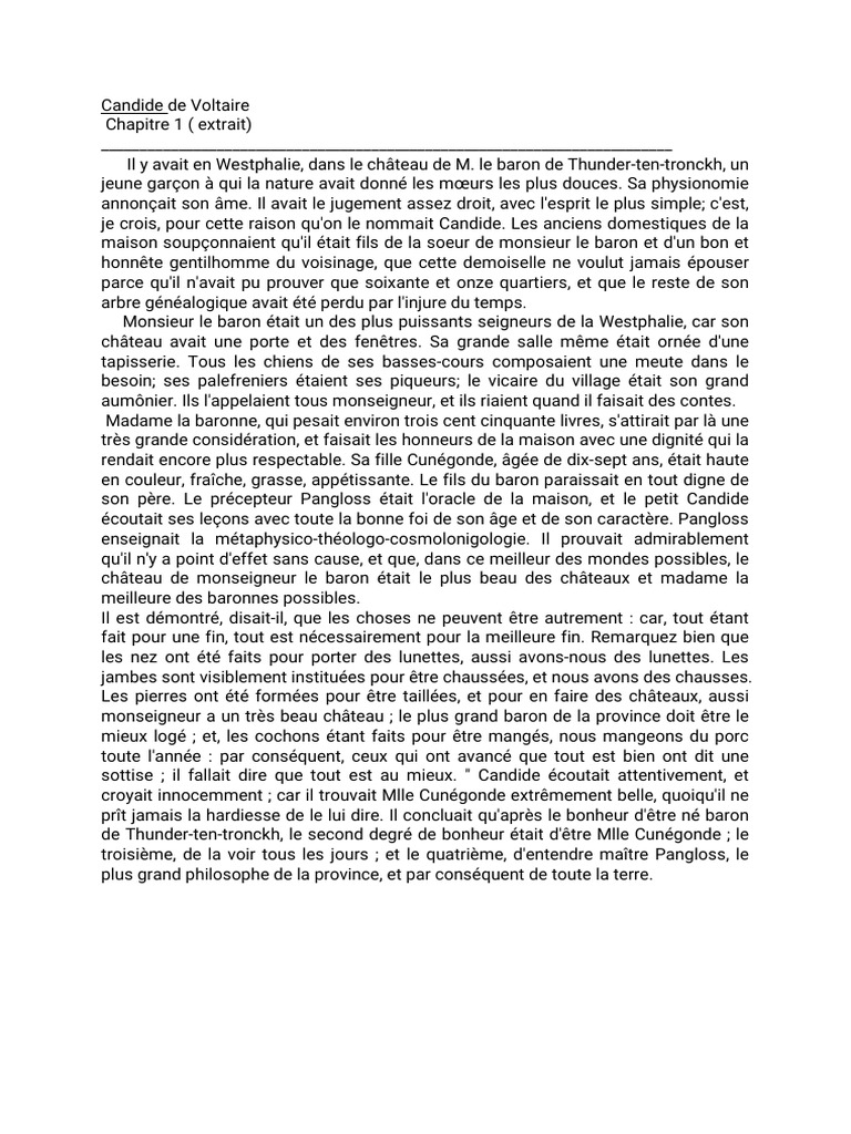 Candide de Voltaire Chapitre 1 | PDF