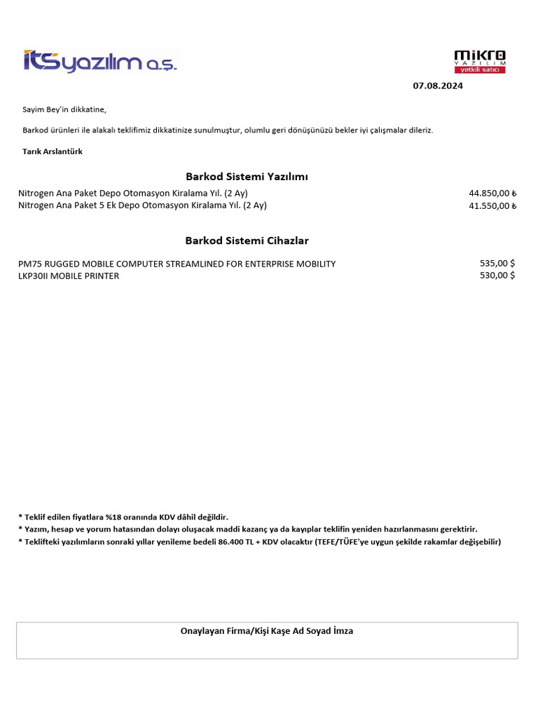 Acd Store Barkod Si̇stemi̇ Li̇sans Ve Ci̇hazlari Tekli̇fi̇ Acdstr-7824 | PDF