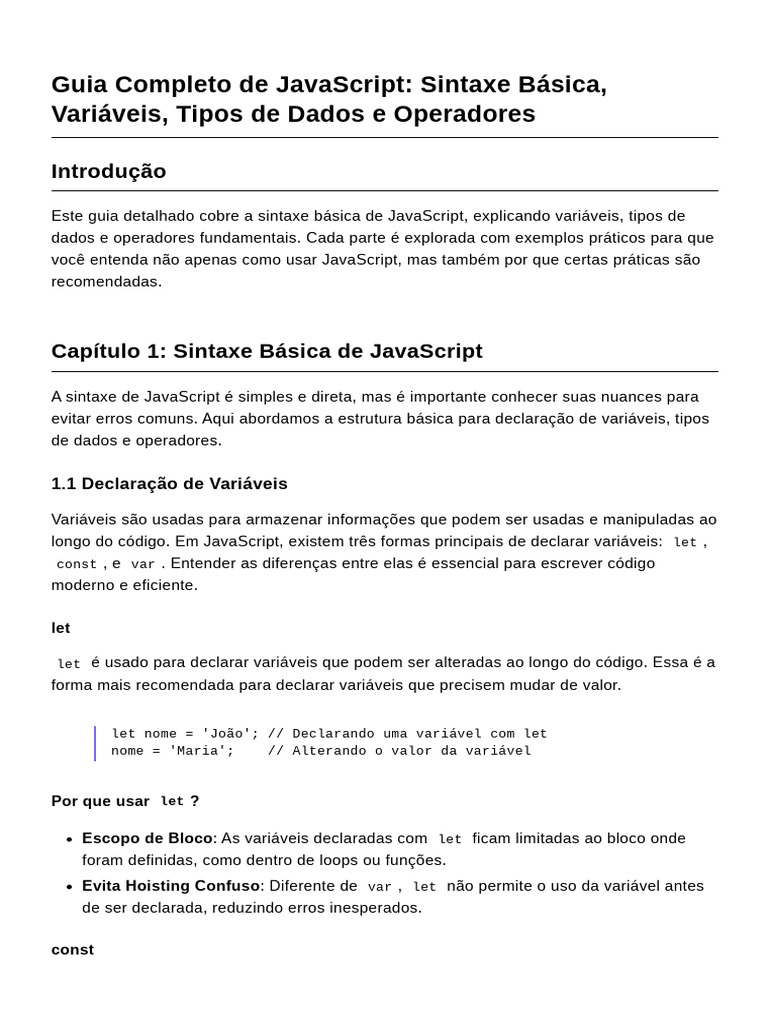 Guia Completo de JavaScrip: Sintaxe Básica, Variáveis, Tipos de Dados e Operadores | PDF ...