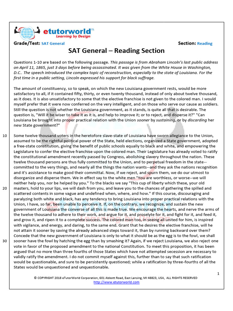 SAT Reading | PDF | Abraham Lincoln | Suffrage