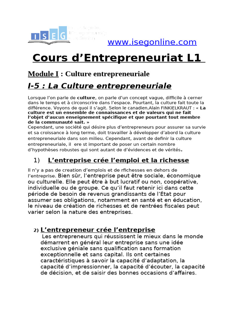 Culture Entrepreneuriale Cours | PDF