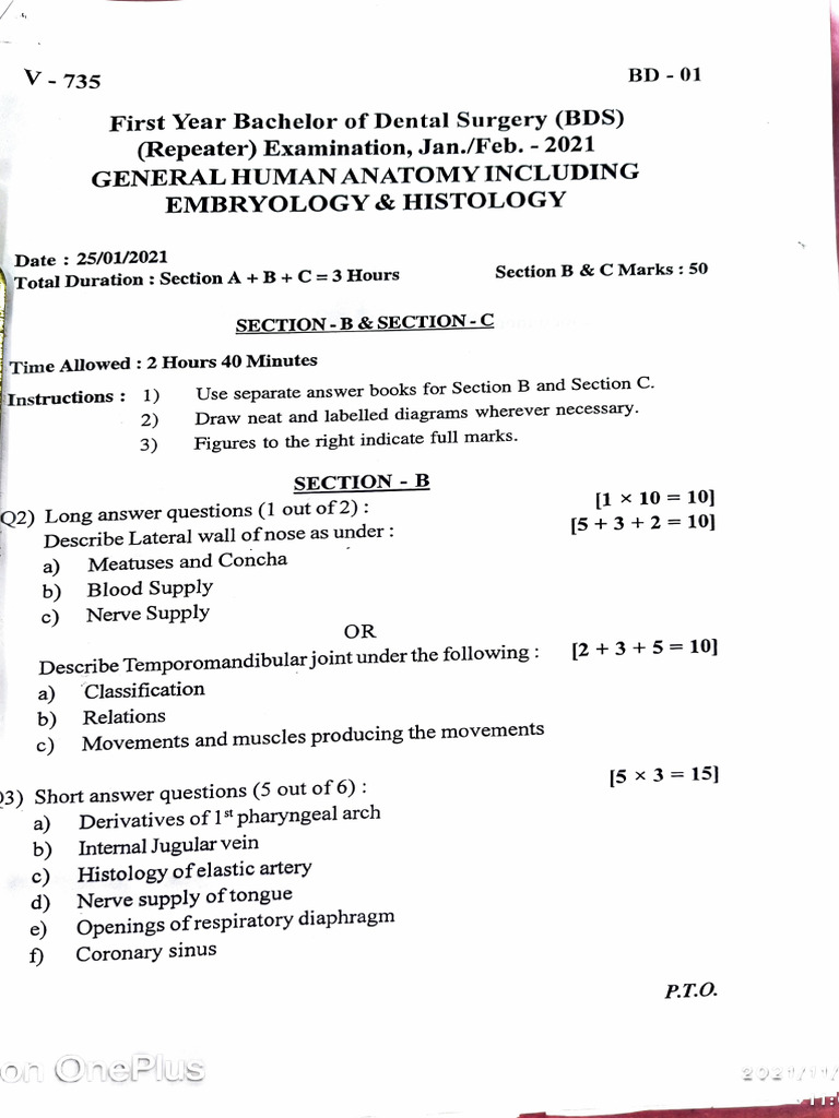 Past Year Question Paper Bds | PDF