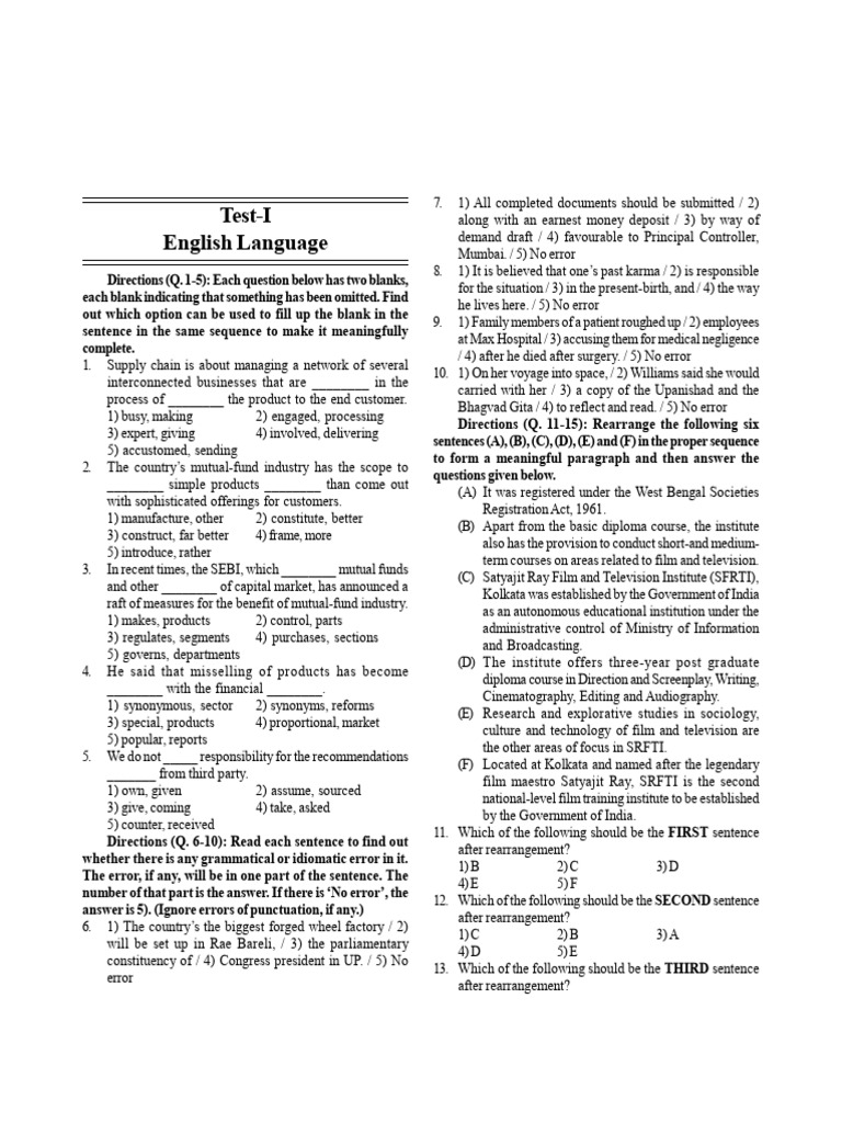 Ibps Sbi Bank Clerk PO SO Previous Year Question Paper Model Paper 11 ...