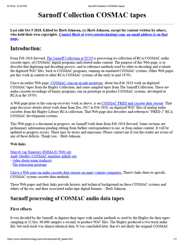 Sarnoff Collection COSMAC Tapes | PDF | Computer File | Computers