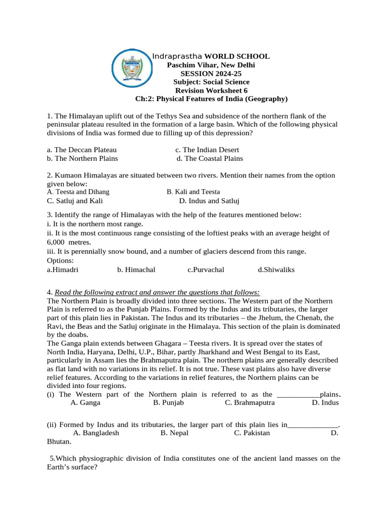 Physical Features of India Revision Worksheet | PDF