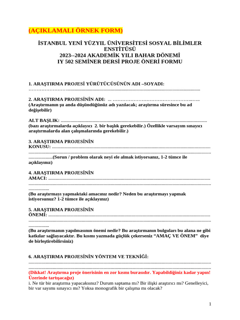 İYYÜ Seminer 2023-24 Yılı Proje Öneri Formu | PDF