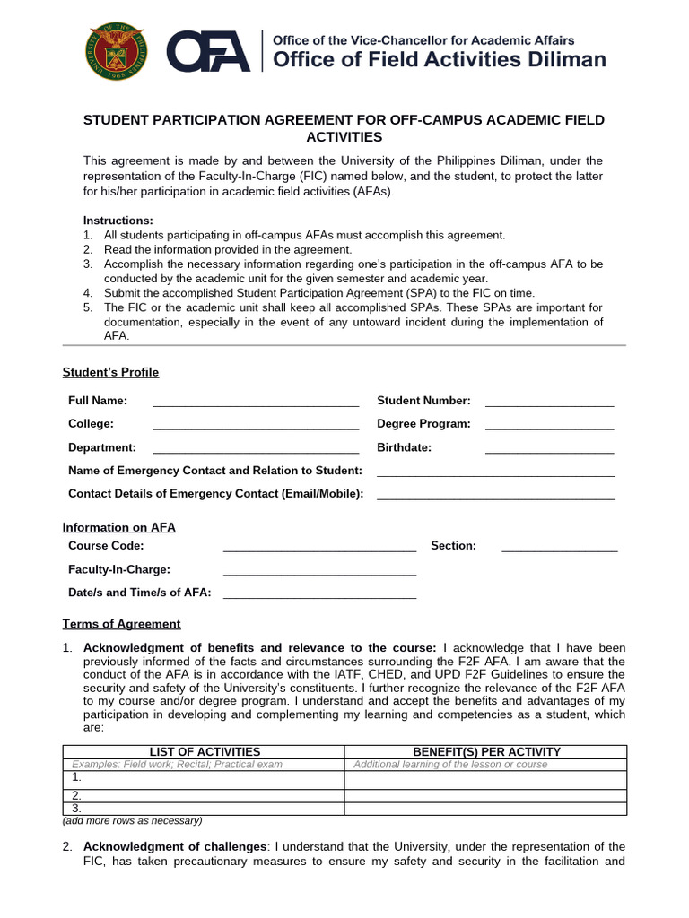 Appendix E. Student Participation Agreement For AFAs (Off-Campus) | PDF