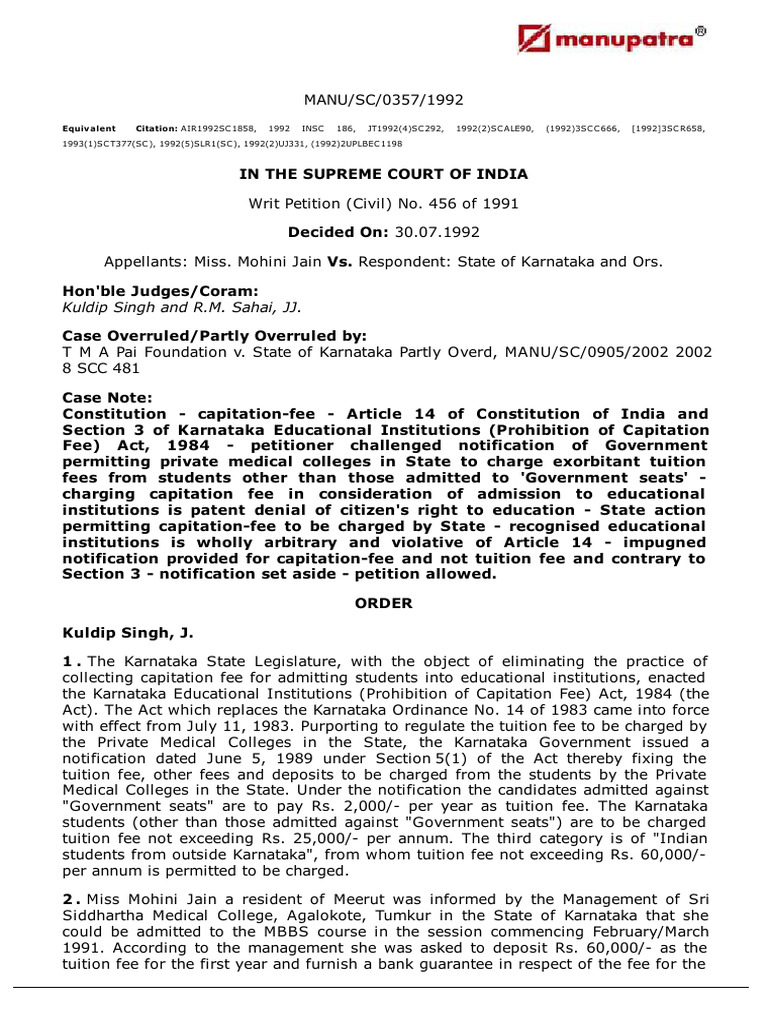 Supreme Court Ruling on Capitation Fee | PDF | Welfare | Medical School