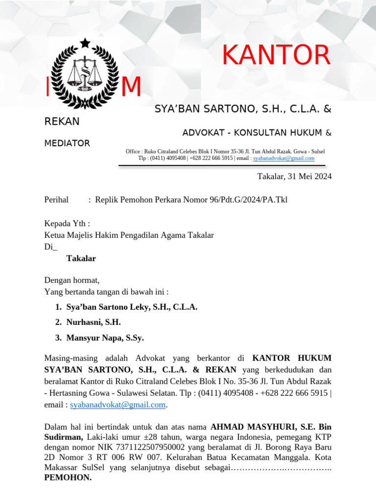 Replik Permohonan Cerai Talak 2024 | PDF | Social Science | Law