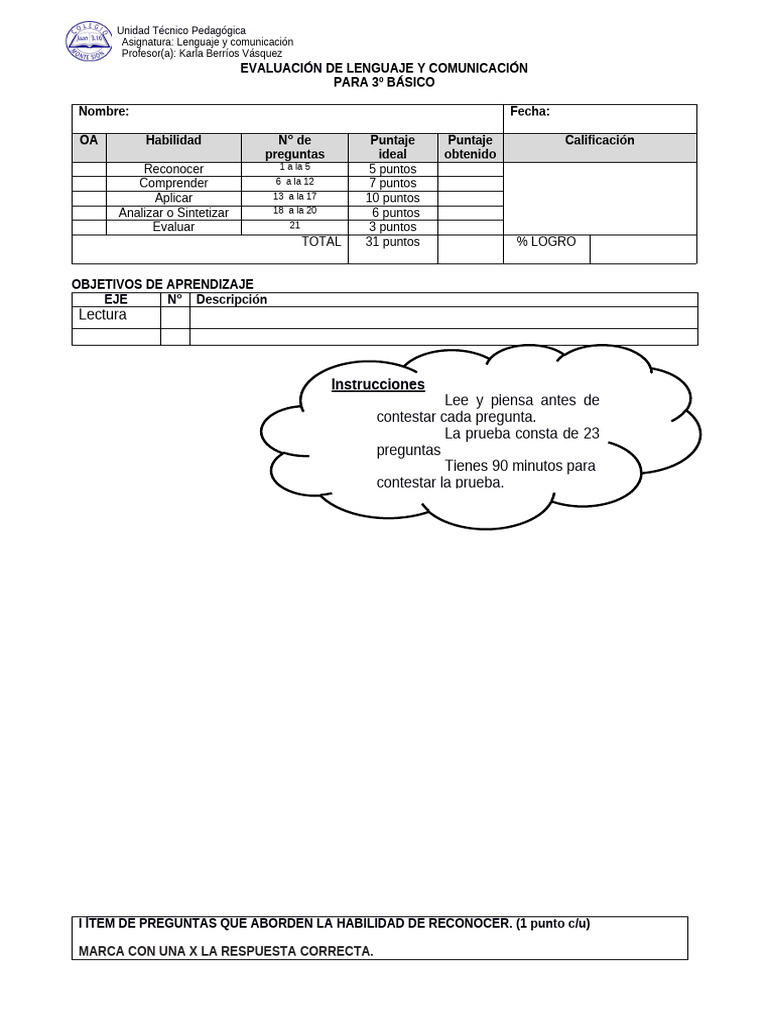 Evaluación Sumativa Lenguaje 3 Basico 2 Pdf 3198