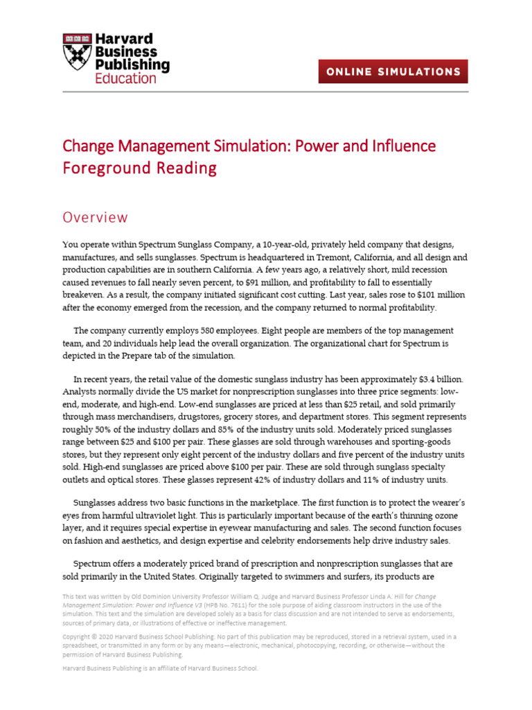 Harvard Change Management Simulation Foreground Reading | PDF