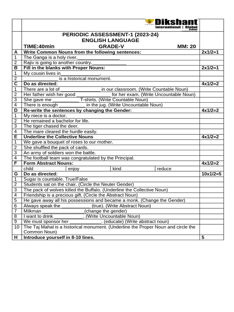 English_Question Paper_Grade 5 | PDF