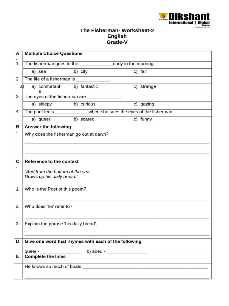 A Fisherman - Worksheet - Grade5 | PDF