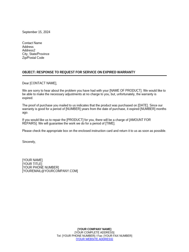 Response To Request For Service On Expired Warranty D1341 | PDF