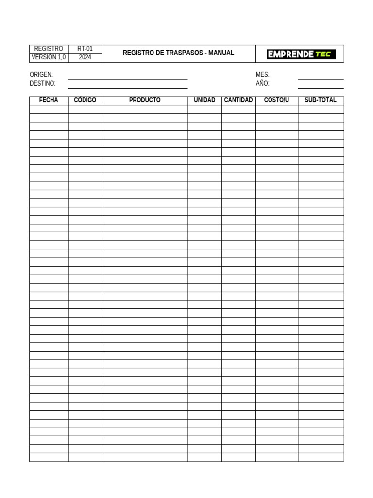 Formato - Registro de Traspasos | PDF