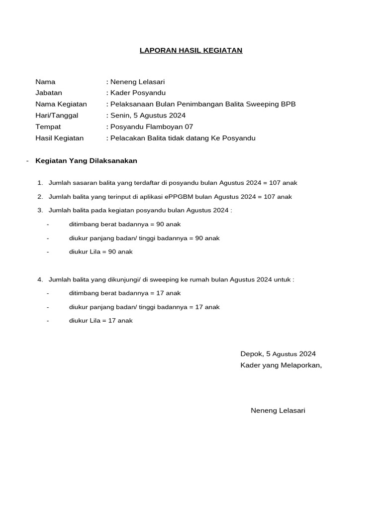 LAPORAN KEGIATAN KADER - Pelaksanaan BPB Sweeping BPB - THN 2024 | PDF