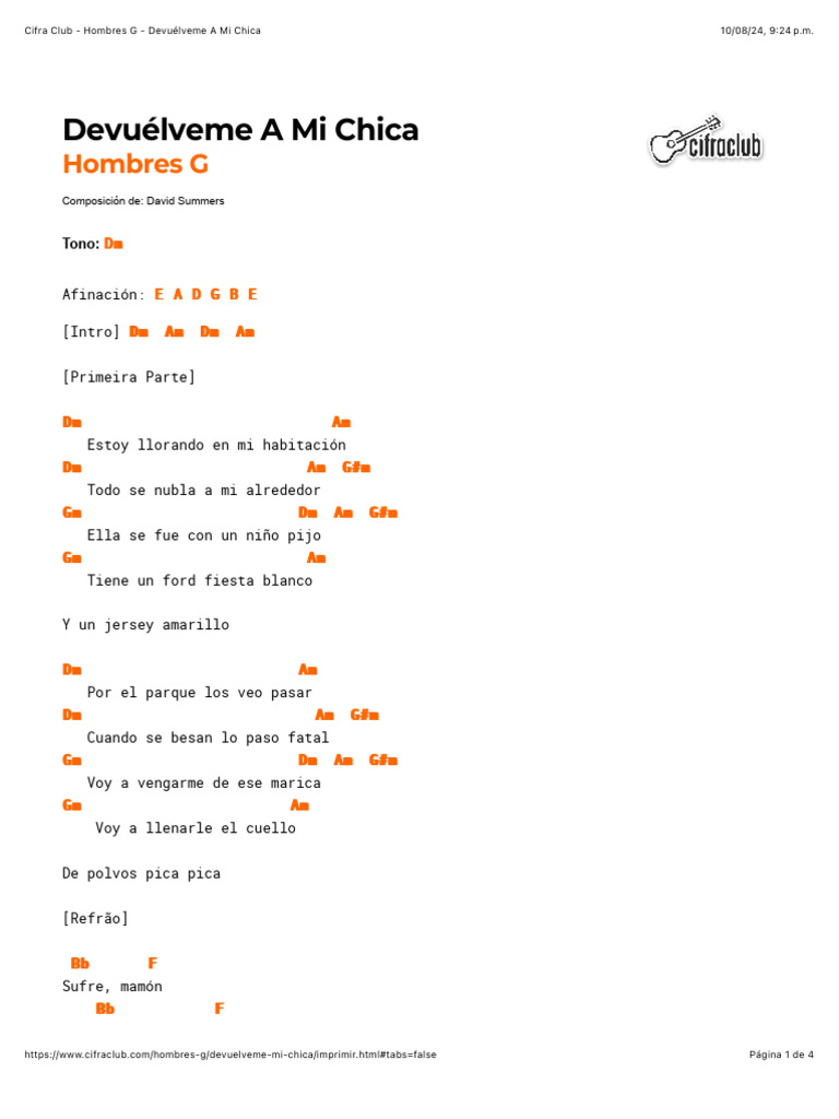 Acordes y letra: Devuélveme a mi chica | PDF | Musica en español ...