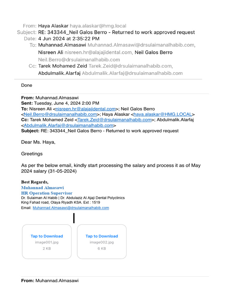 RE 343344 - Neil Galos Berro - Returned To Work Approved Request | PDF