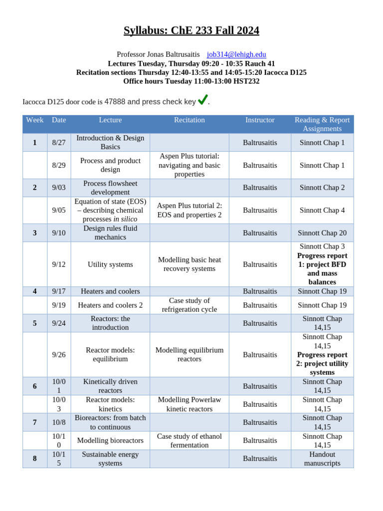 ChE 233 Syllabus F2024 | PDF