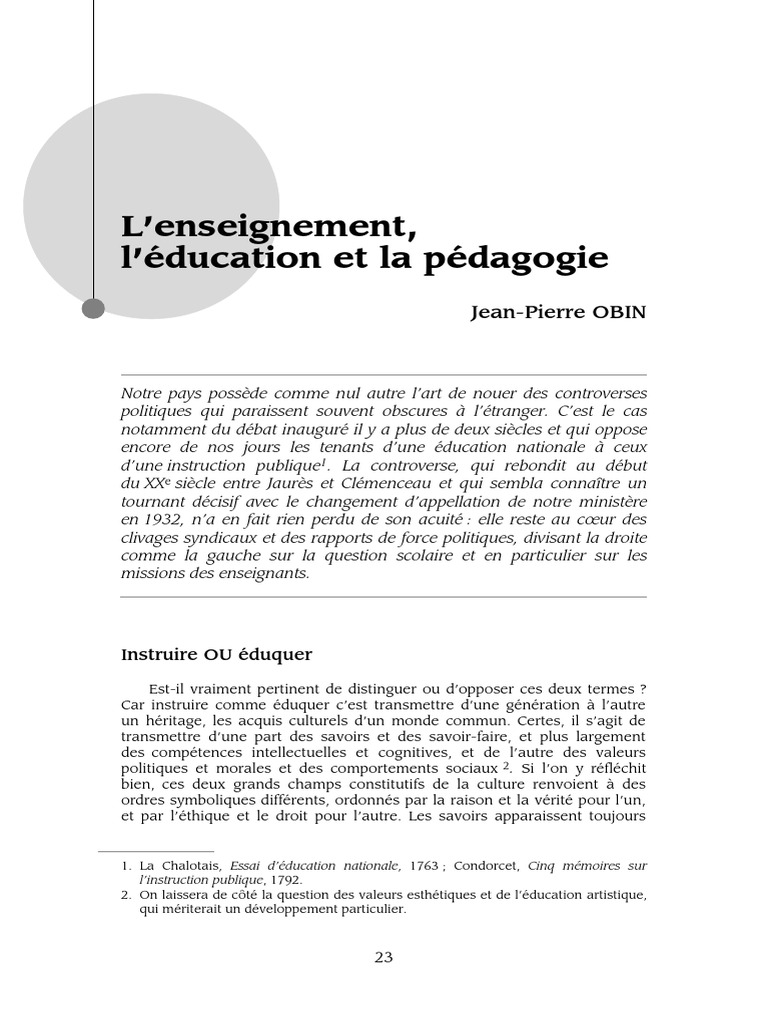 Lenseignement Leducation Et La Pedagogie | PDF