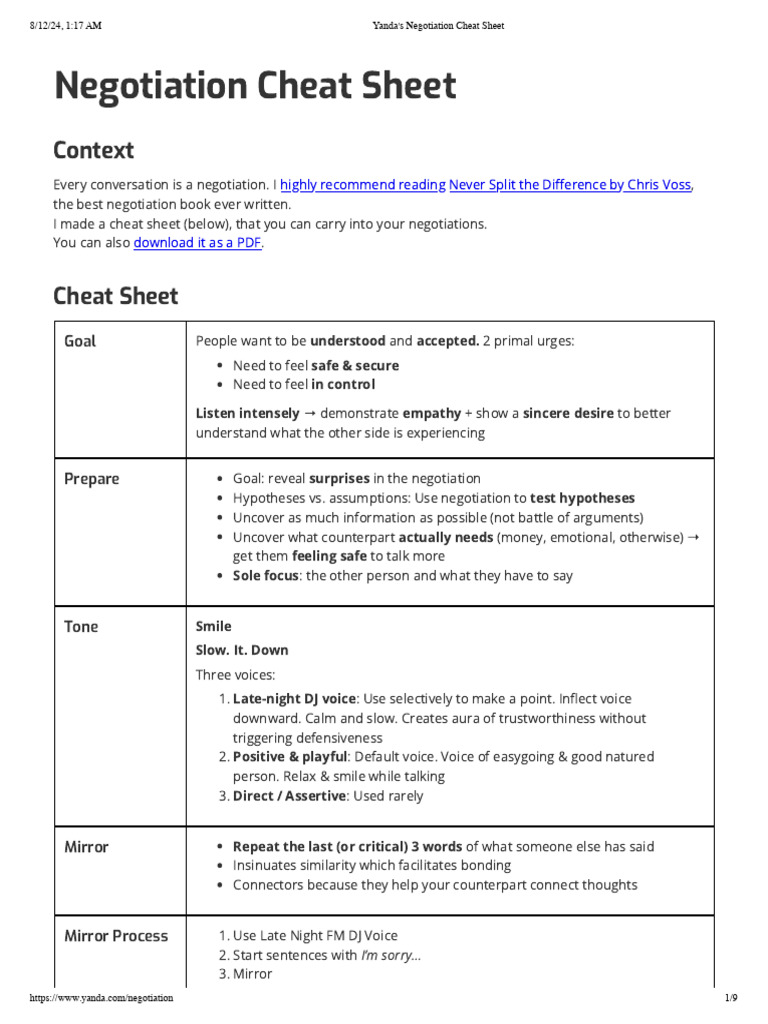 Yanda's Negotiation Cheat Sheet | PDF Yanda's Negotiation Cheat Sheet | PDF