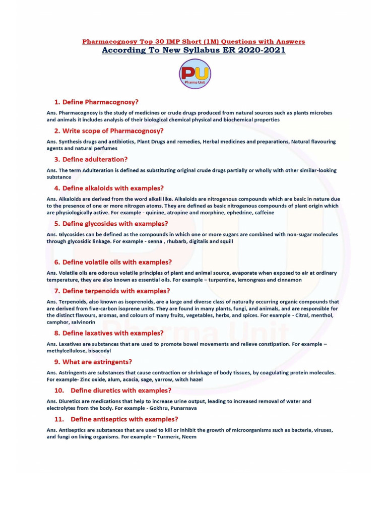 Pharmacognosy 1 marks Ques & Ans | PDF