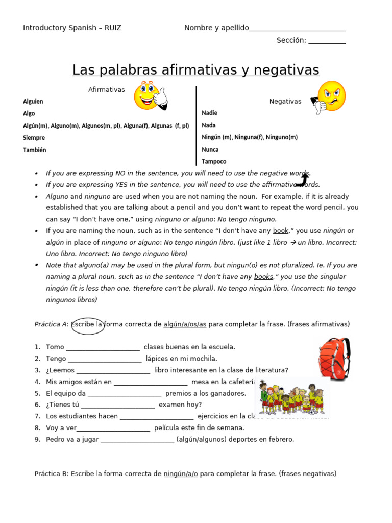 Introductory Spanish - Palabras Afirmativas y Negativas | PDF