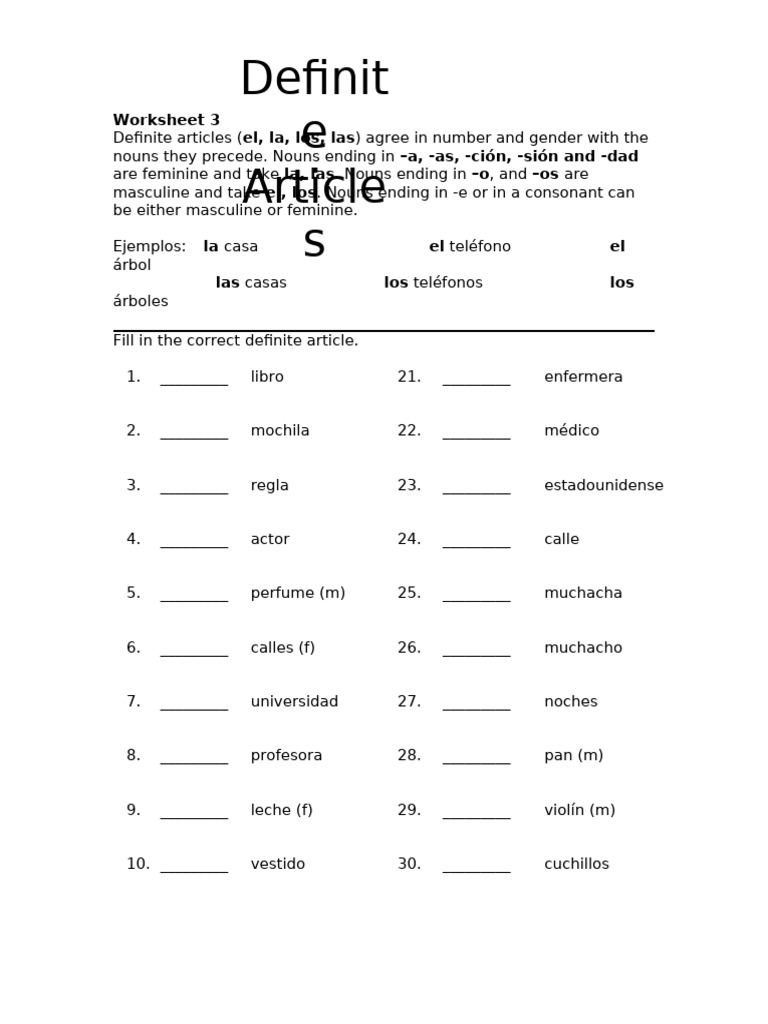 SPAN1001-Worksheet 3 - DEFINITE ARTICLES AND GENDER OF NOUNS | PDF