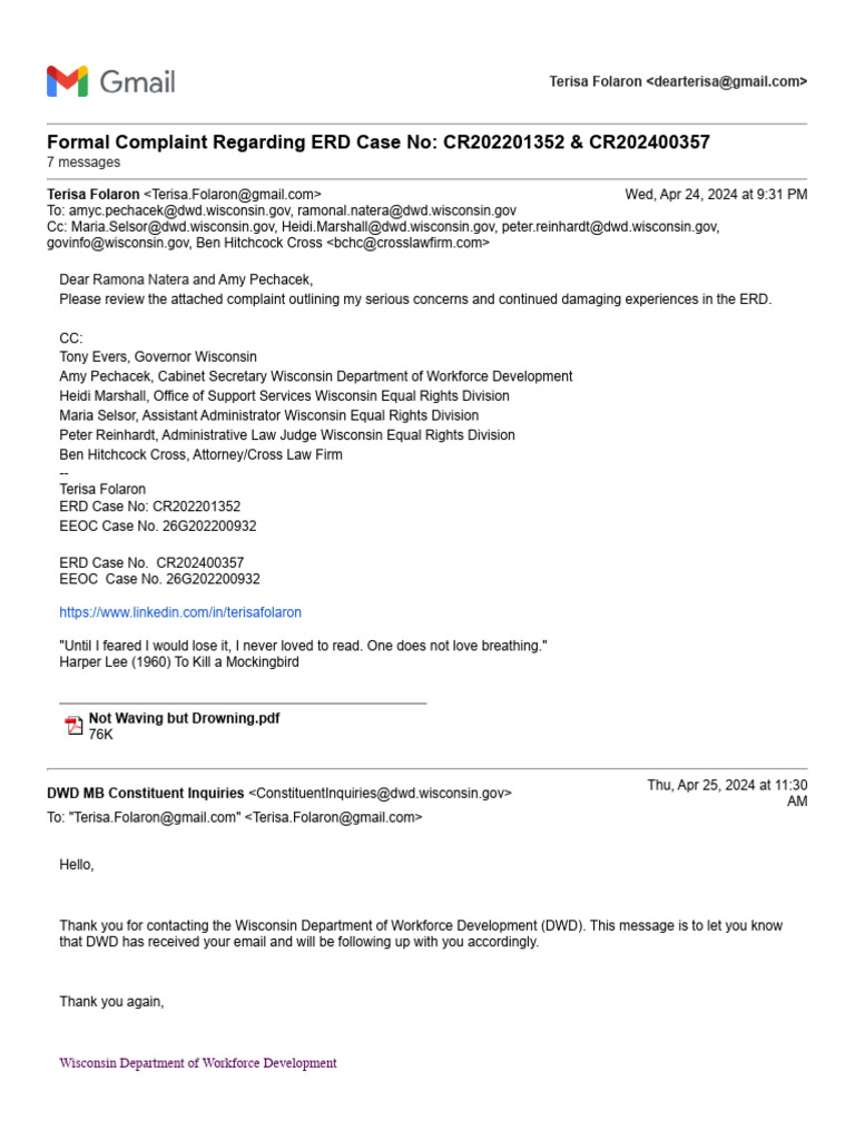 Complaint RE: Equal Rights Division and The Wisconsin Workforce ...